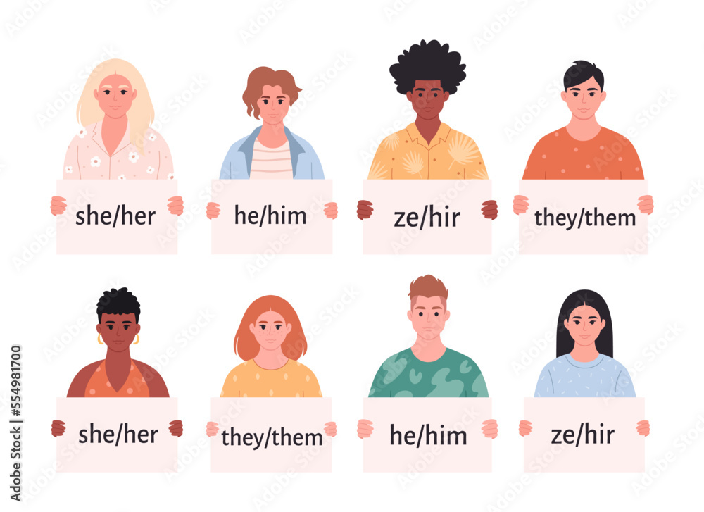 People holding signs with gender pronouns. She, he, they, ze, non ...