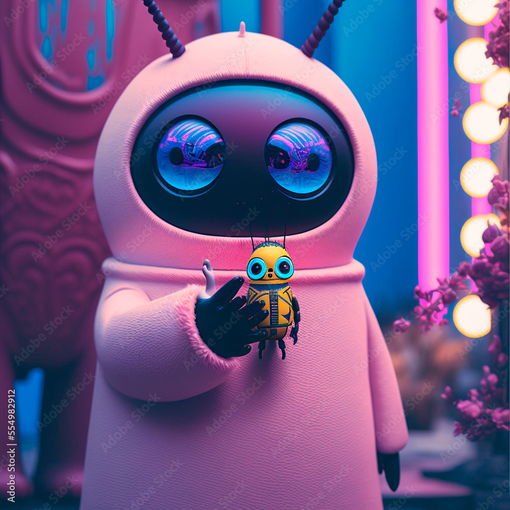 adorable Minion, Holding Butterfly in his finger, in front of cyberpunk ...