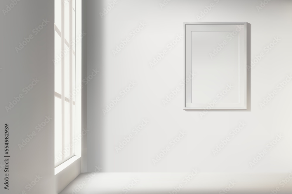 Vector realistic empty room with window and blank picture frame. Indoor ...