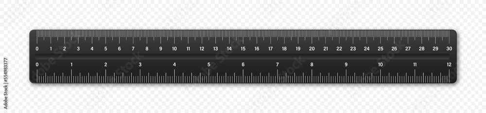 Realistic plastic ruler with measurement scale and divisions, measure ...