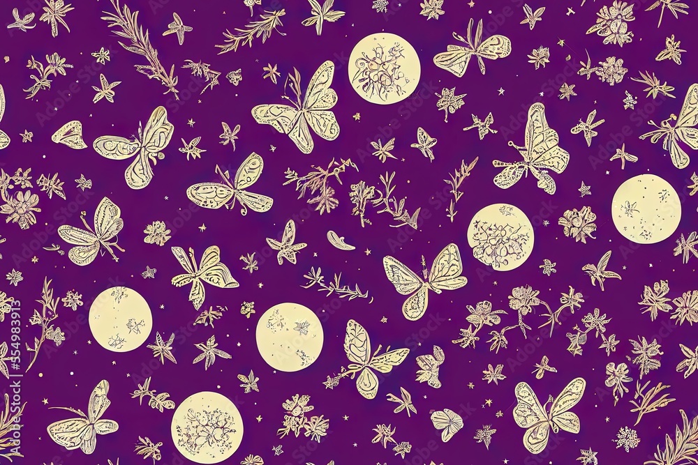 Seamless pattern of elegant plants under a heavenly sky. Stars and ...