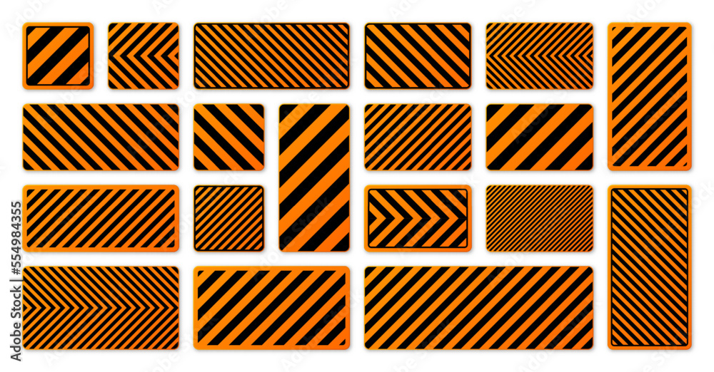 Various black and orange warning signs with diagonal lines. Attention ...