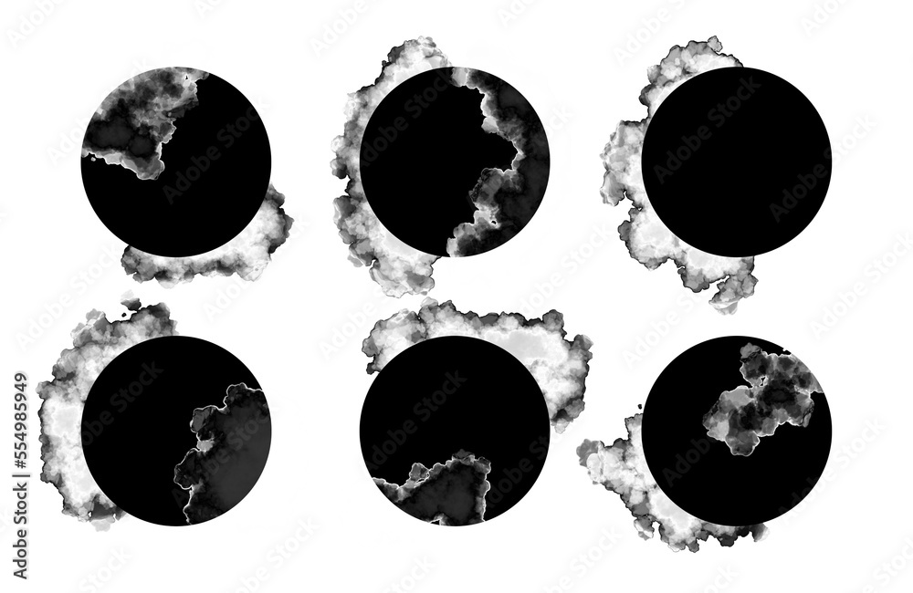 Set of black abstract paint brush circle element, smoke texture ...