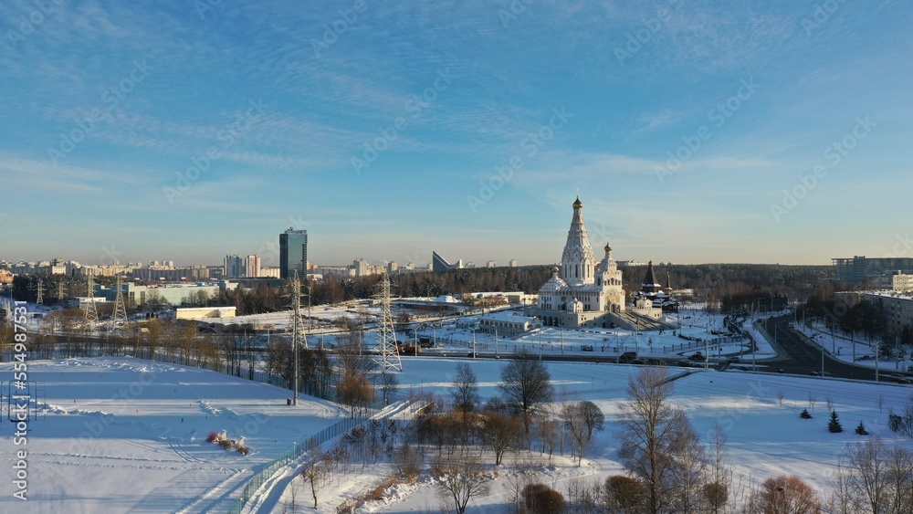 Aerial panoramic view of the Uruchcha microdistrict in Minsk, the ...