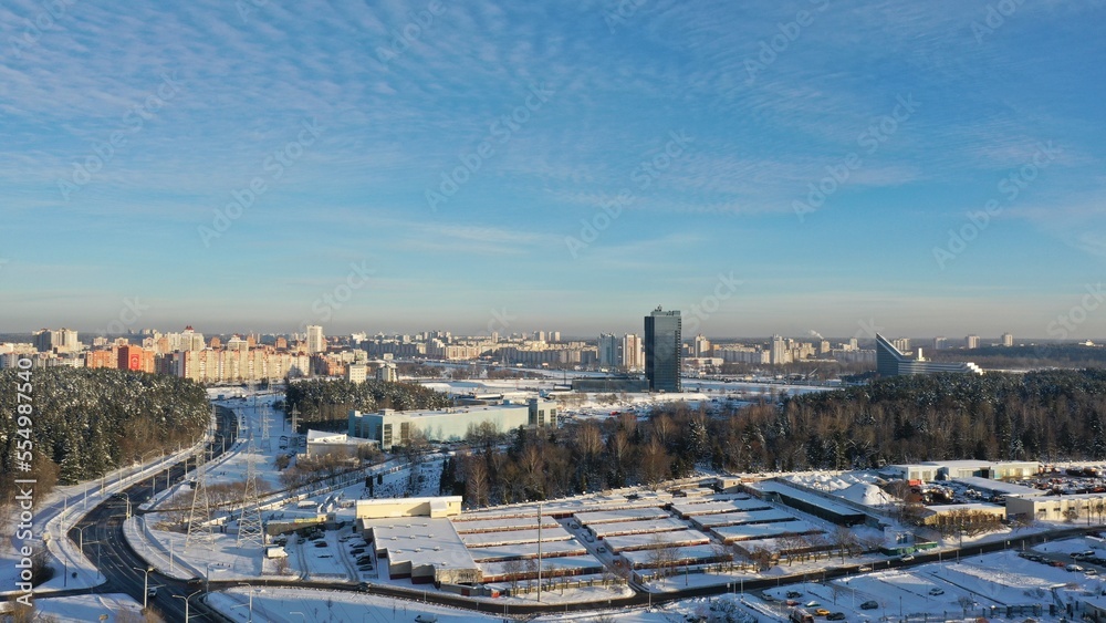 Aerial panoramic view of the Uruchcha microdistrict in Minsk, the ...
