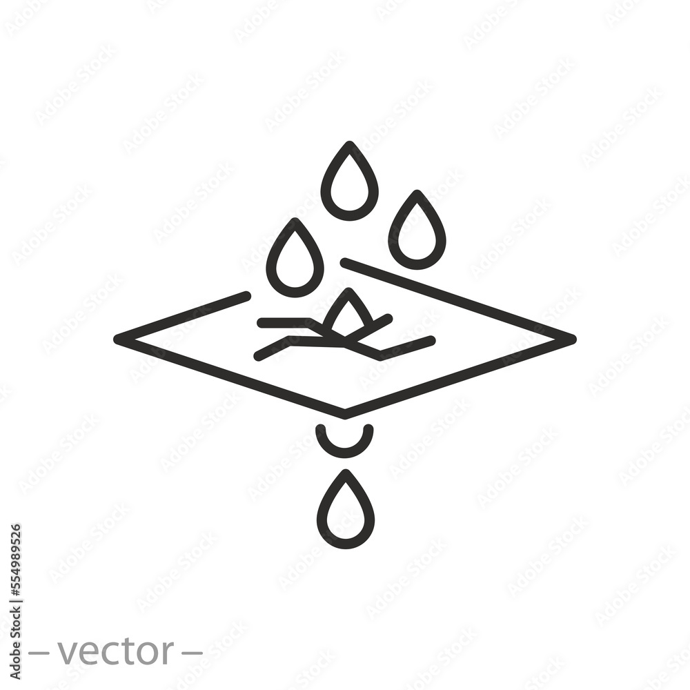 water leak icon, crack in coating, roof damage result, thin line symbol ...