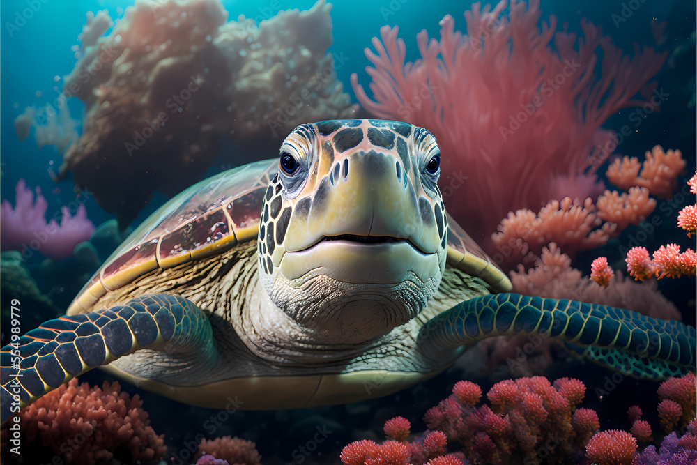 happy smiling sea turtle swimming underwater, Portrait, illustration ai ...