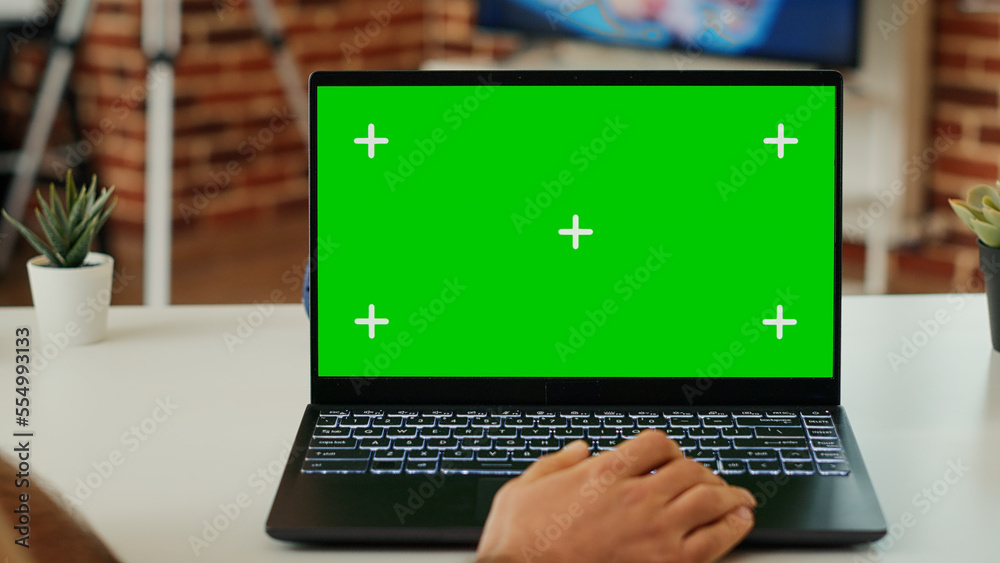 Young adult analyzing greenscreen display on personal computer, looking ...