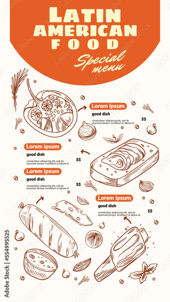 Latin American Cuisine Restaurant Menu Flyer Template. premium sketch ...
