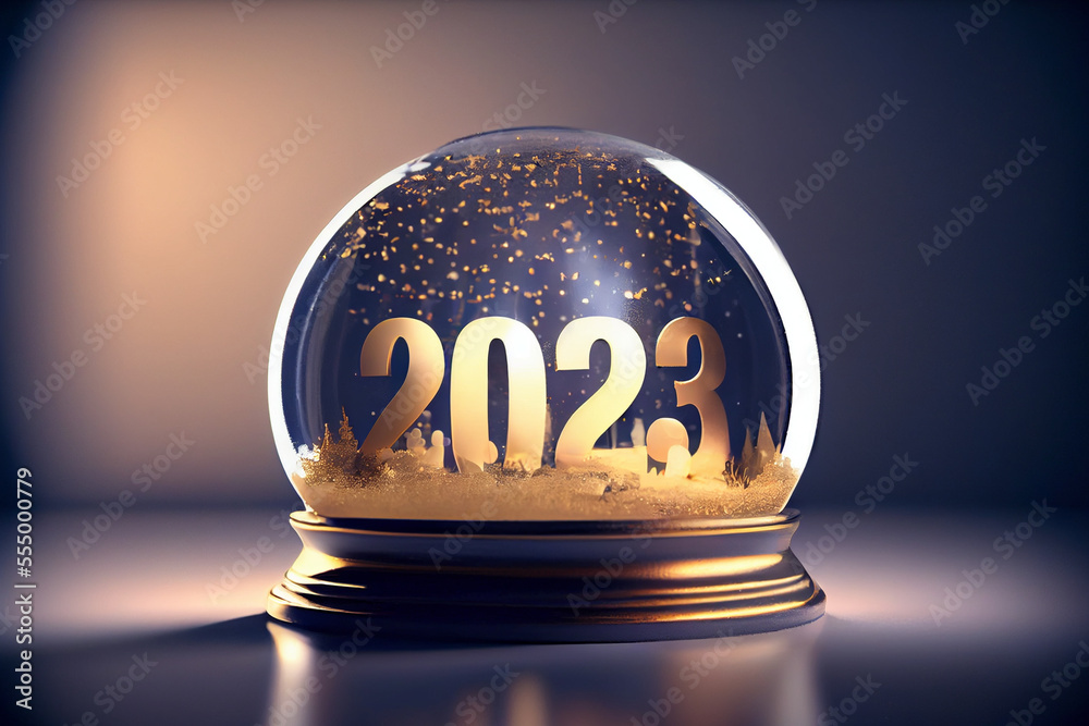 2023 new year snow globe with 3d gold lettering and a blue and gold ...