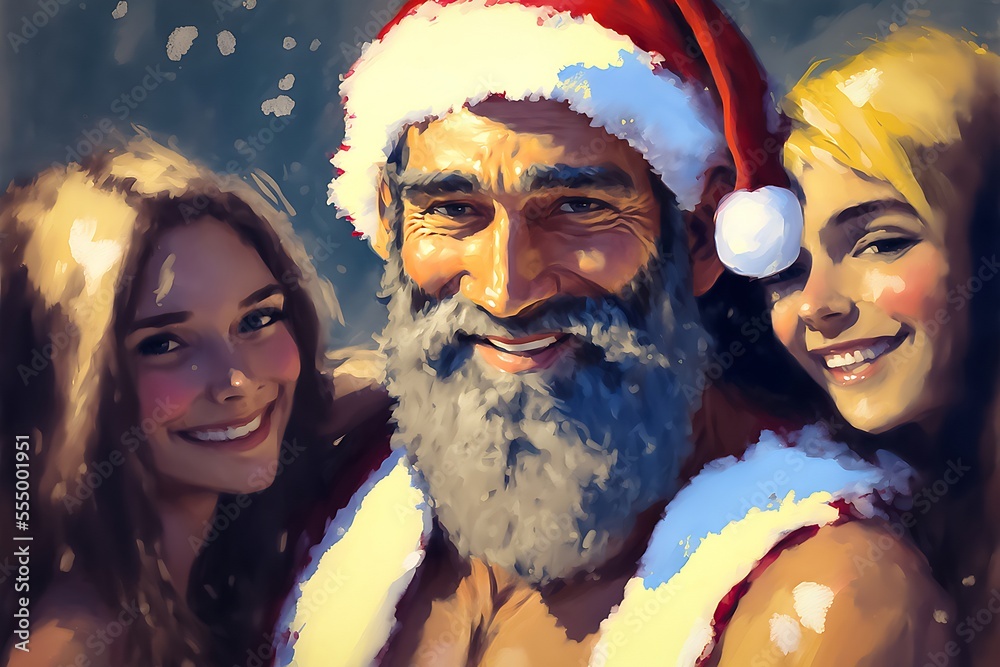 Handsome Macho Santa Claus accompanied by his female elves. Two ...