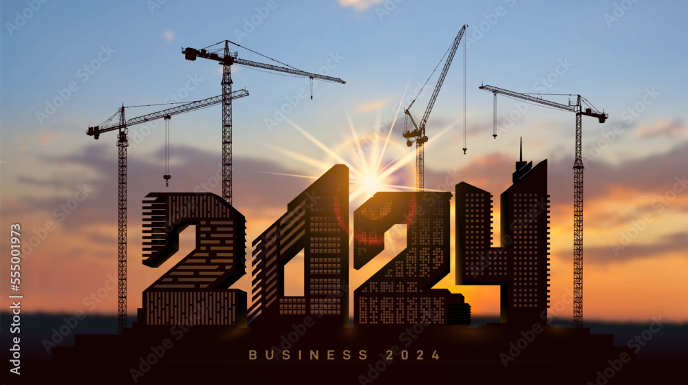 Silhouette construction cranes and houses in the form of numbers 2024 ...