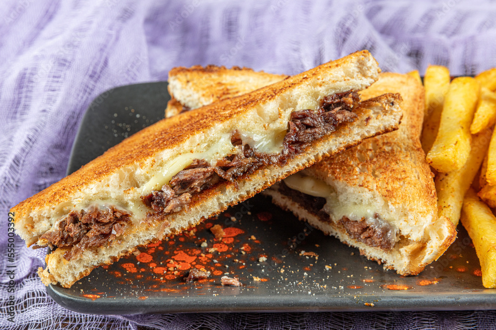 Club Toast with Cheddar Cheese. Melted Cheese Toast Sandwich and Roast ...