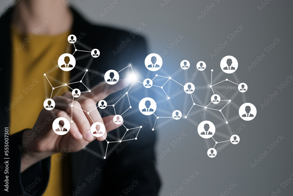 . Virtual visualization of network chain with person icons, female ...