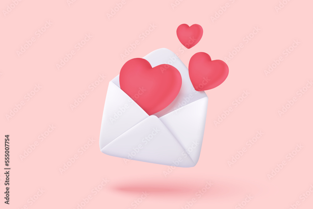 3d mail envelope icon with red heart notification new message. Minimal ...