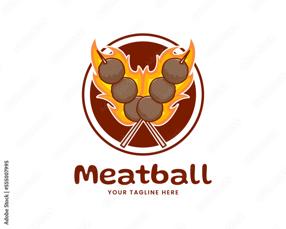 Hot and spicy grilled meatball logo icon with flame fire. Asian ...