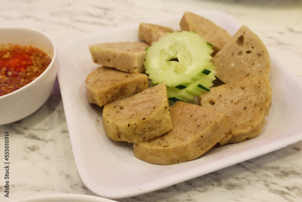 Popular Asian food, sliced Vietnamese pork sausage recipe (Cha lua ...
