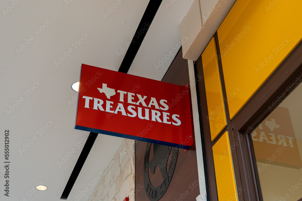 Houston, Texas, USA - March 6, 2022: A Texas Treasures store projecting ...