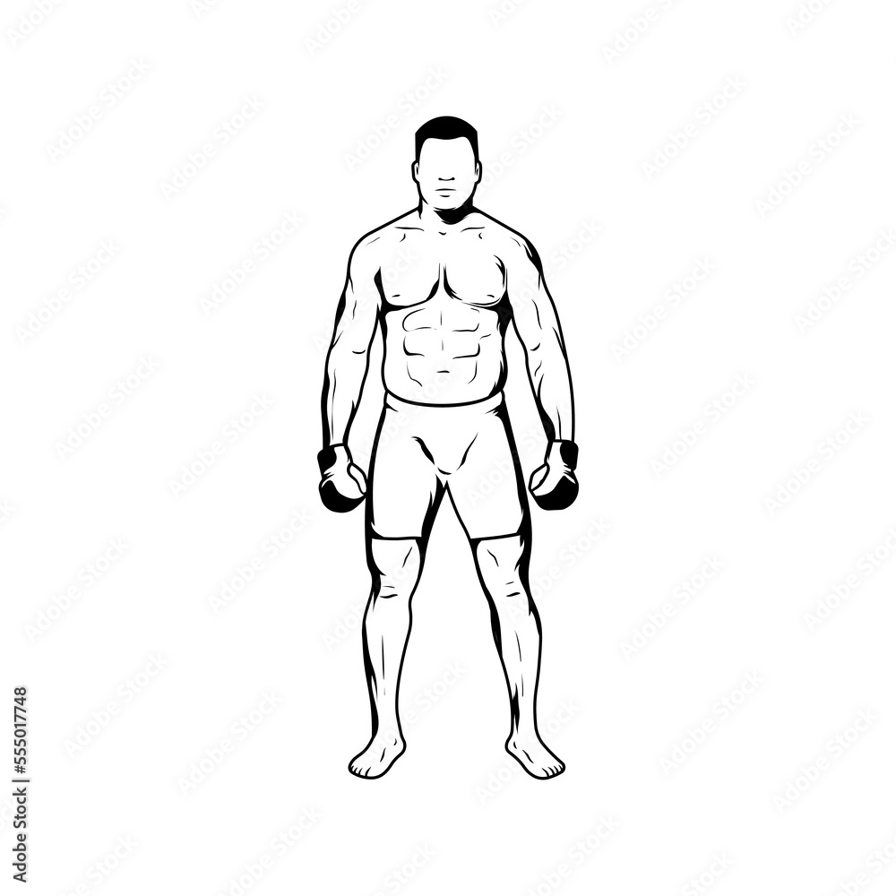 Standing MMA Fighter line art drawing. Muscular man logo. Male body ...