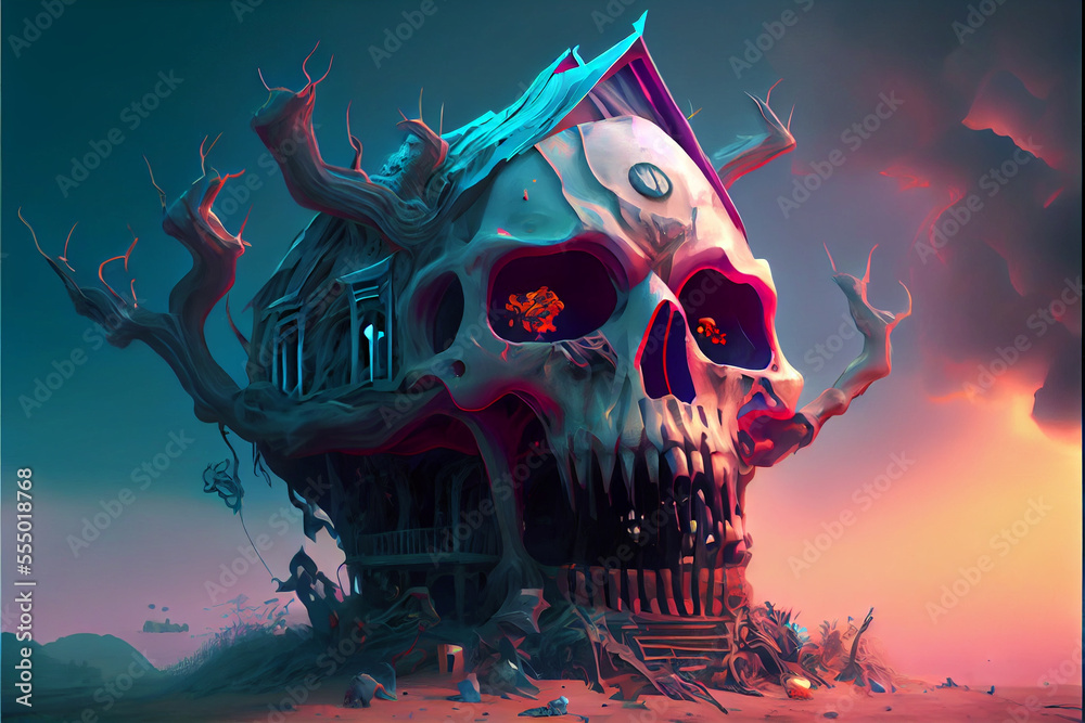 Scary fantasy house in the shape of a huge demonic skull. Generative AI ...