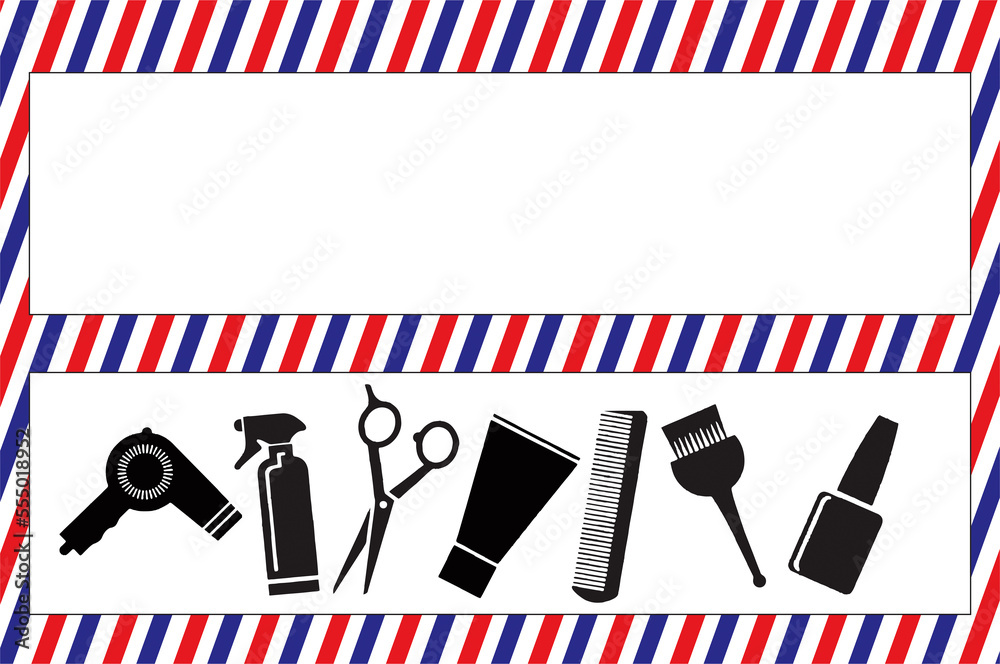 Barbershop shop signboard with set of equipment. Barber pole, Razor ...