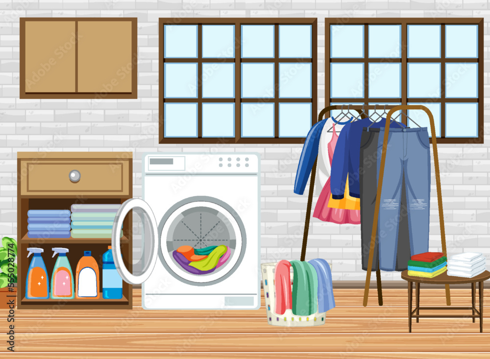 Laundry room with washing machine Stock Vector | Adobe Stock
