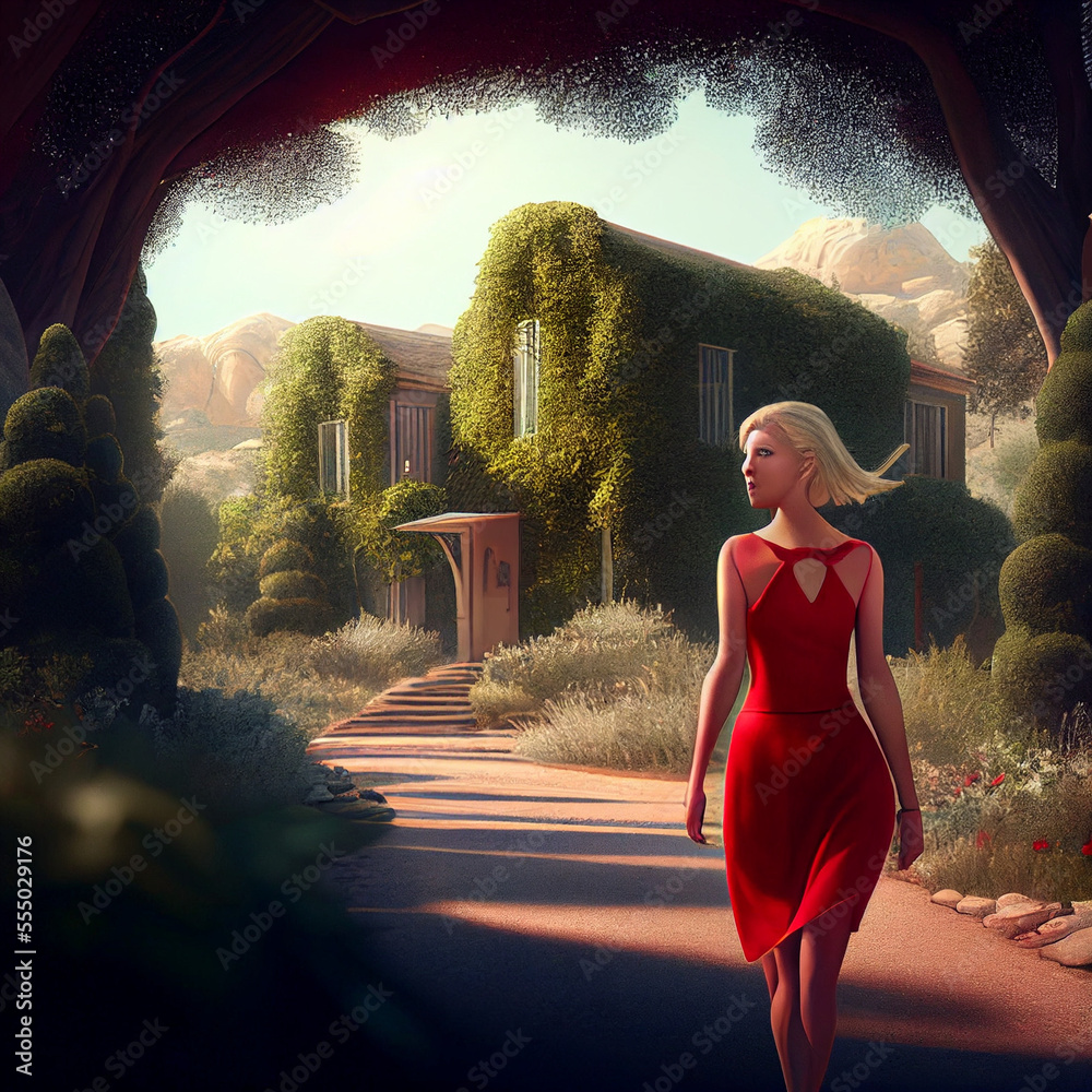 A beautiful blonde model in a low-cut red dress walking down a gentle ...