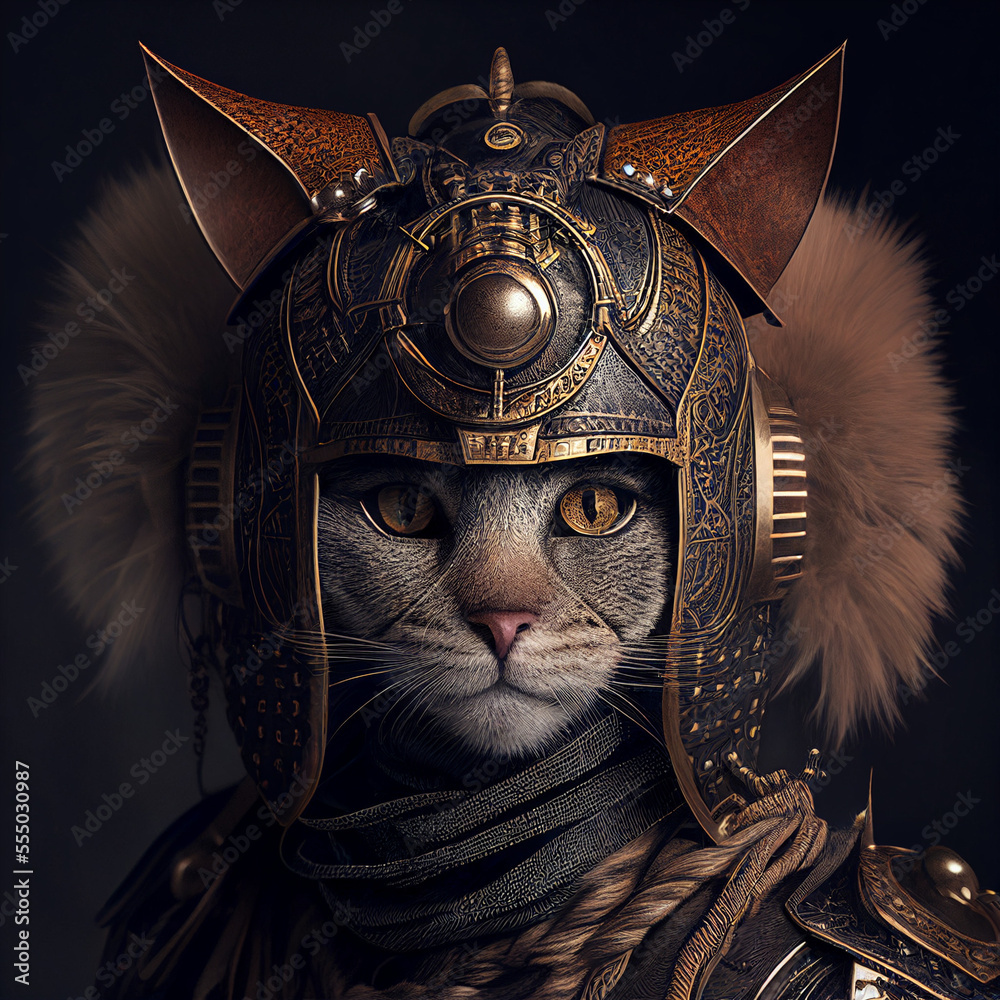 An anthropomorphic cat wearing a roman helmet created with generative ...