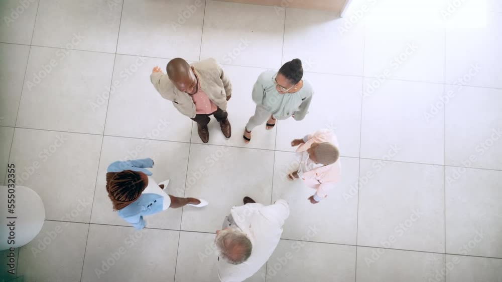 Teamwork, business people and group high five for success, achievement or motivation in the ...