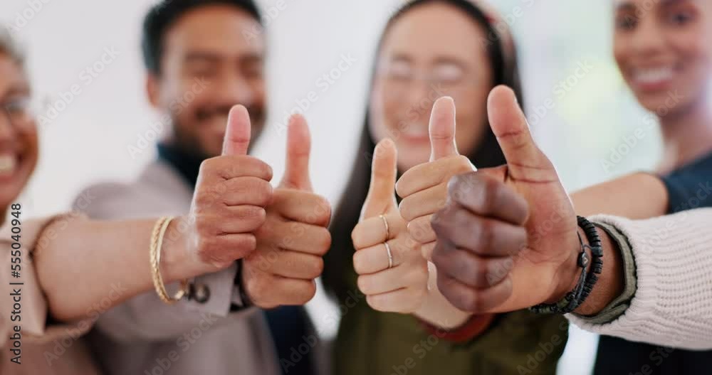 Thumbs up, success and work motivation community of happy office with trust and thank you hand ...