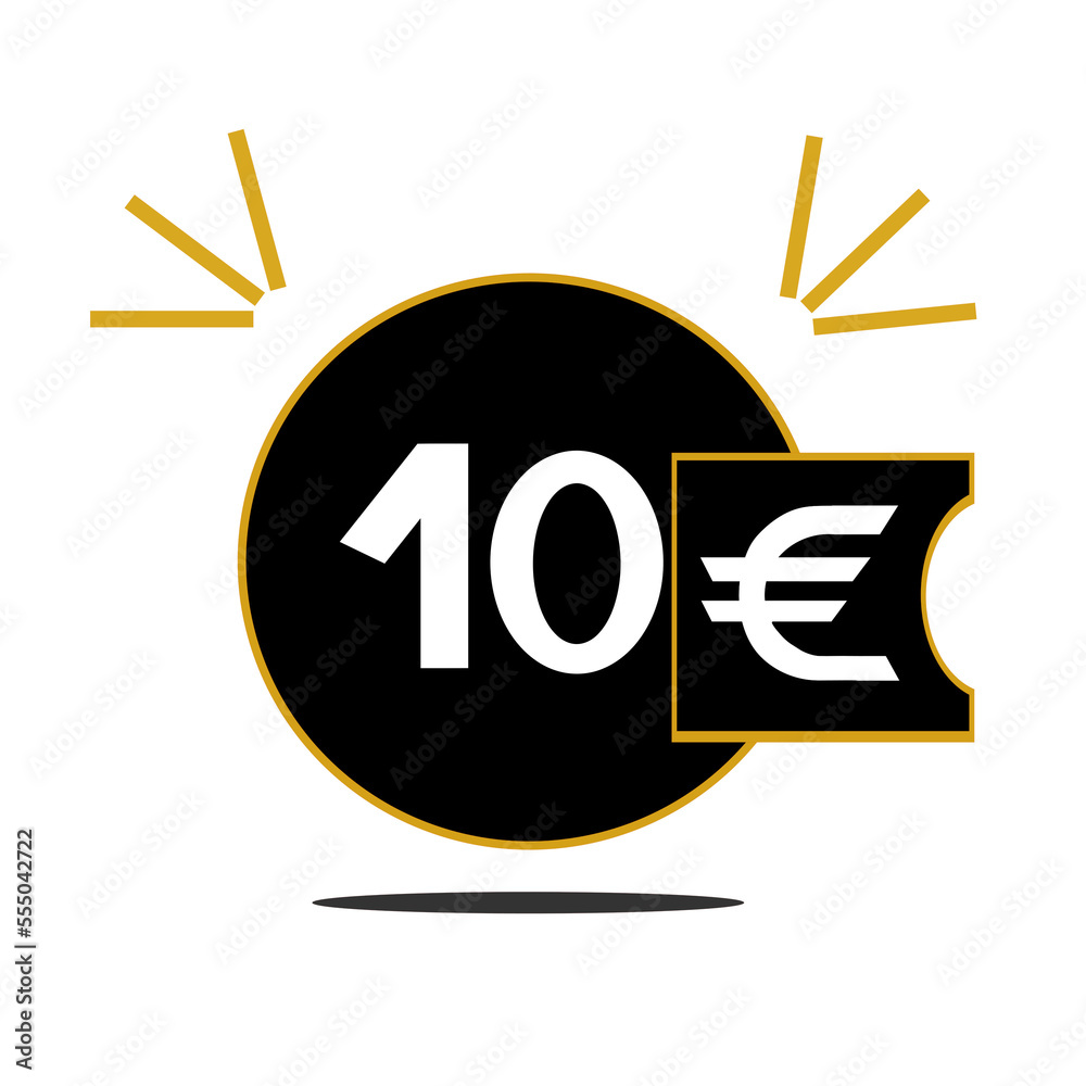 10€,ten euro inside black circle with golden border for web page and ...