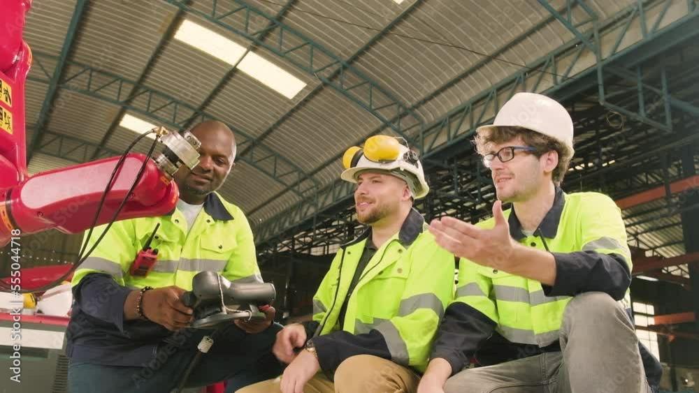 Male production engineers team discuss, test, and controls robotic arm ...