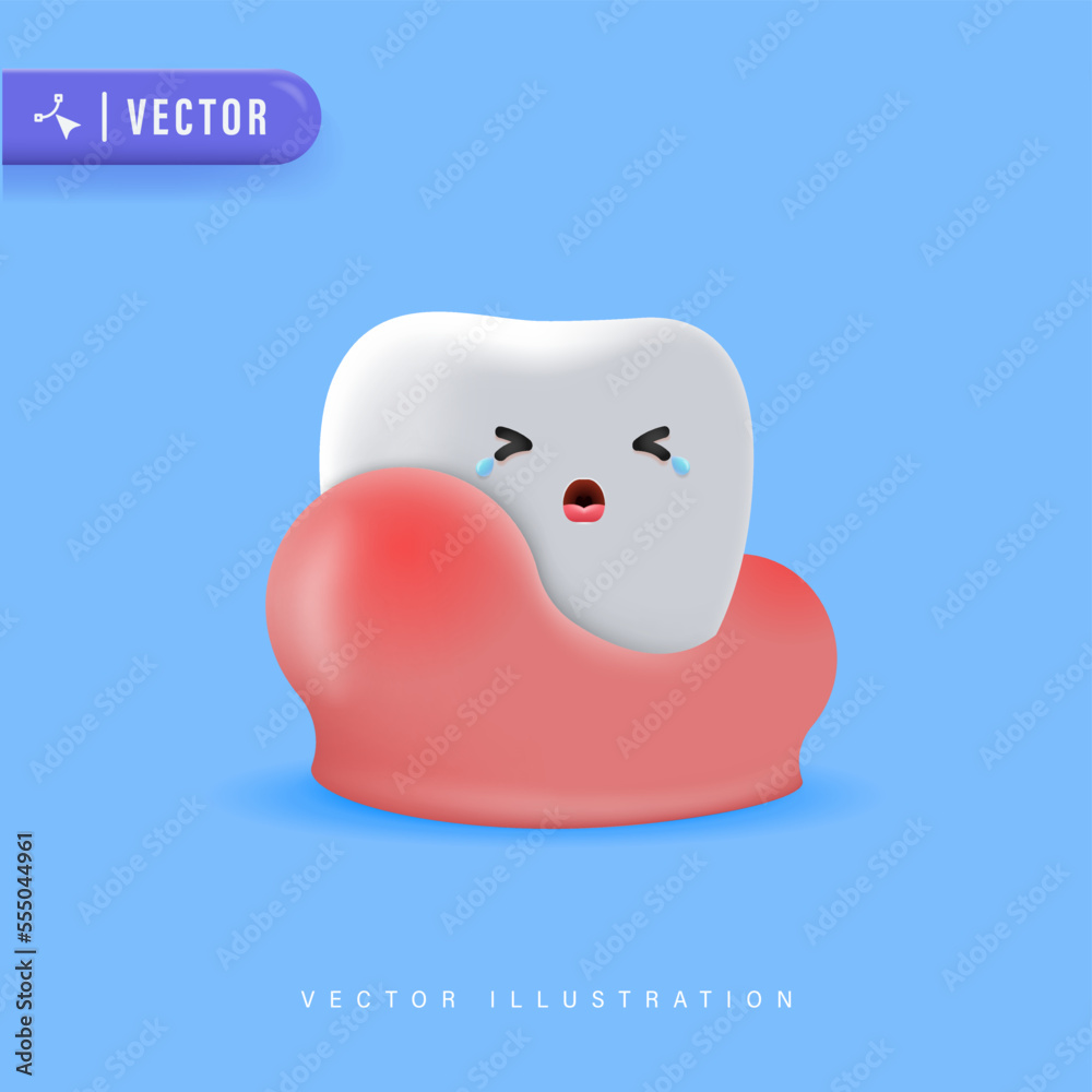 3D Cute Cartoon Tooth Character with Gum Problem Vector Illustration ...