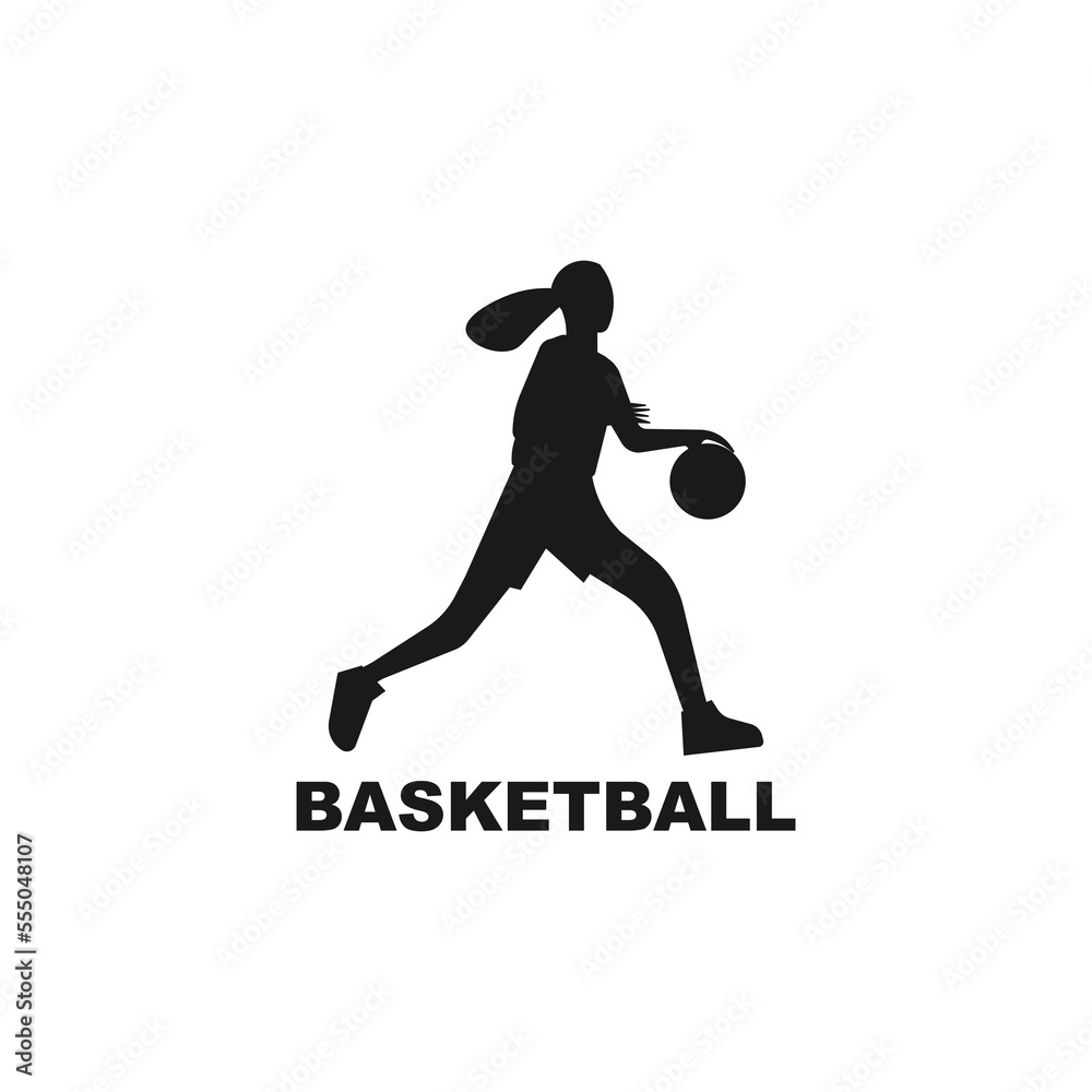 Female basketball player black silhouette. Athlete logo. Dribbling icon ...