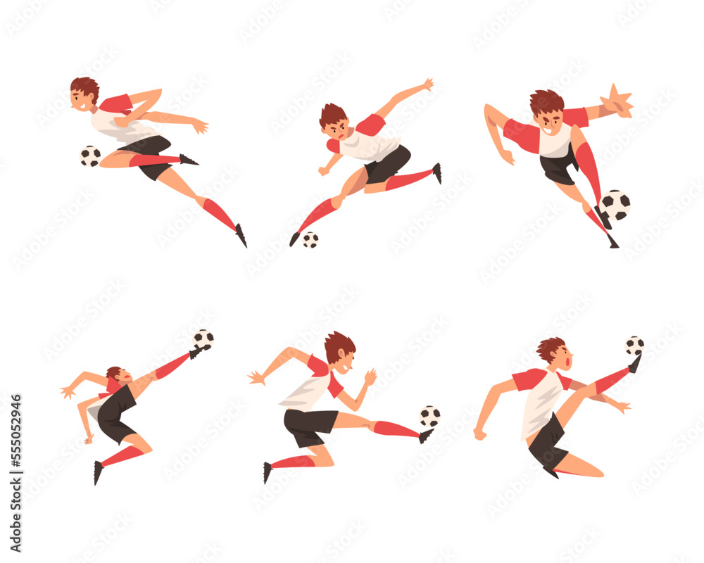 Set of soccer players in different positions. Male athletes in uniform ...