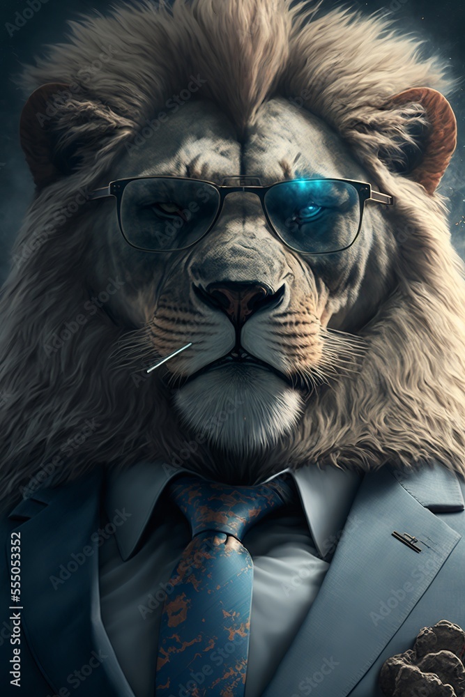 cool style animals in tuxedos and glasses portrait background, lion ...