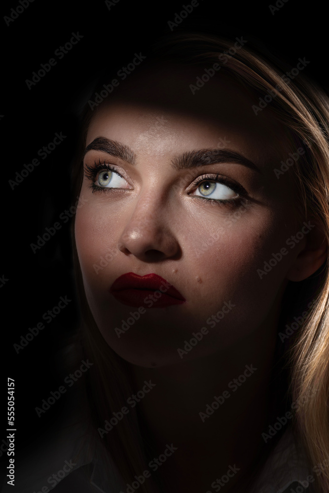 Fashion and make-up concept. Beautiful blonde woman portrait partly ...