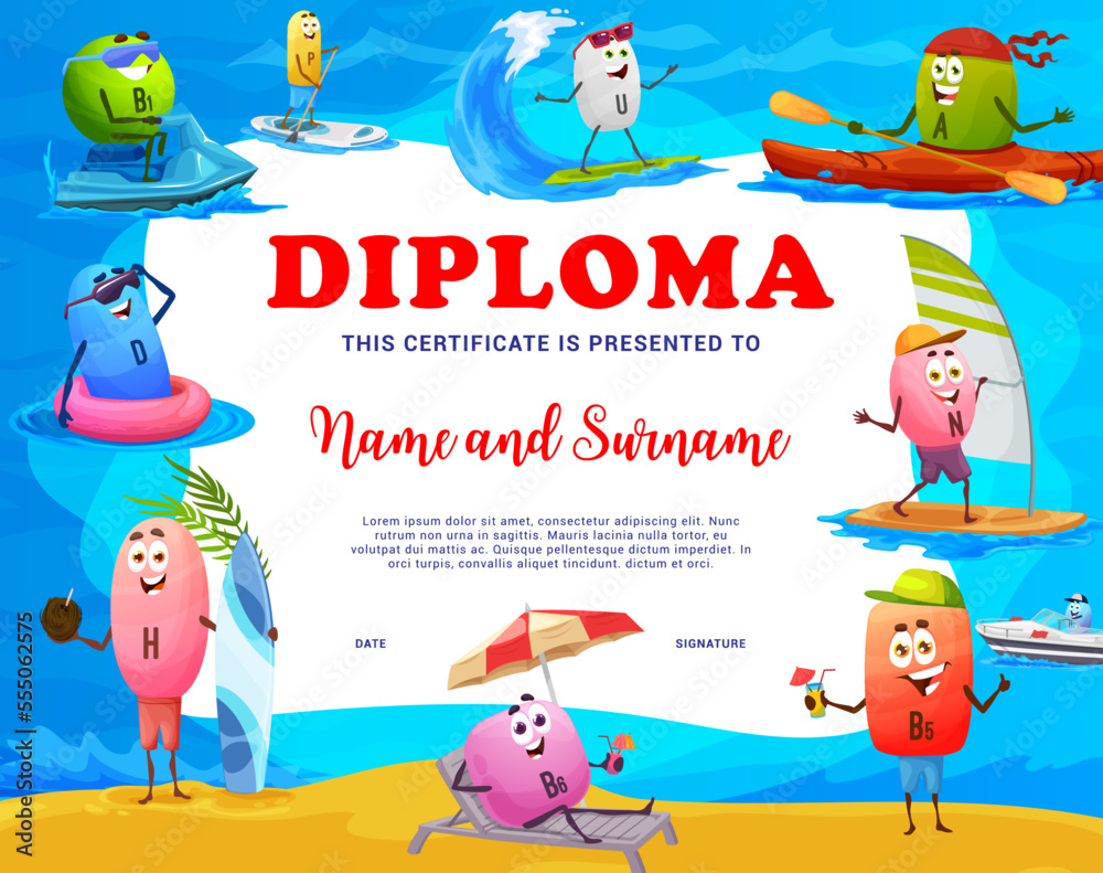 Kids diploma cartoon vitamin characters on summer vacation. Vector ...