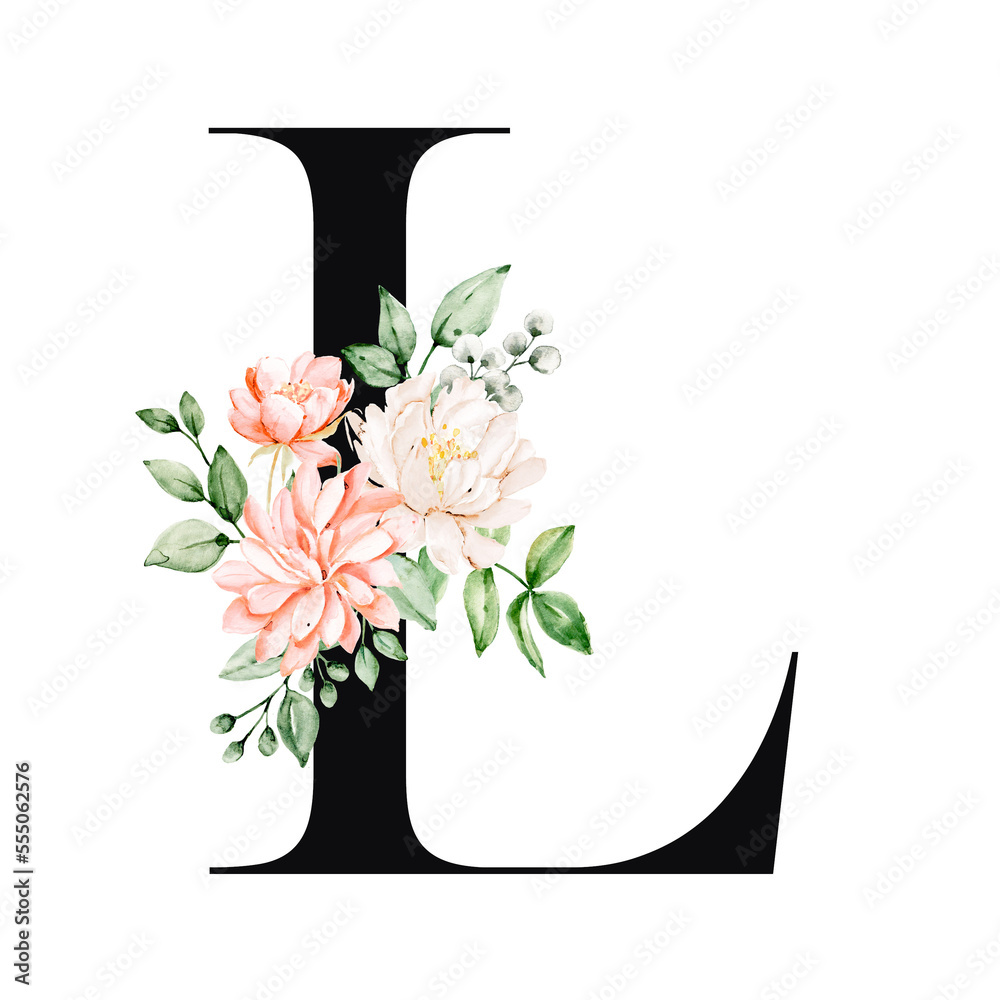 Alphabet, letter L with watercolor flowers and leaf. Monogram initials ...
