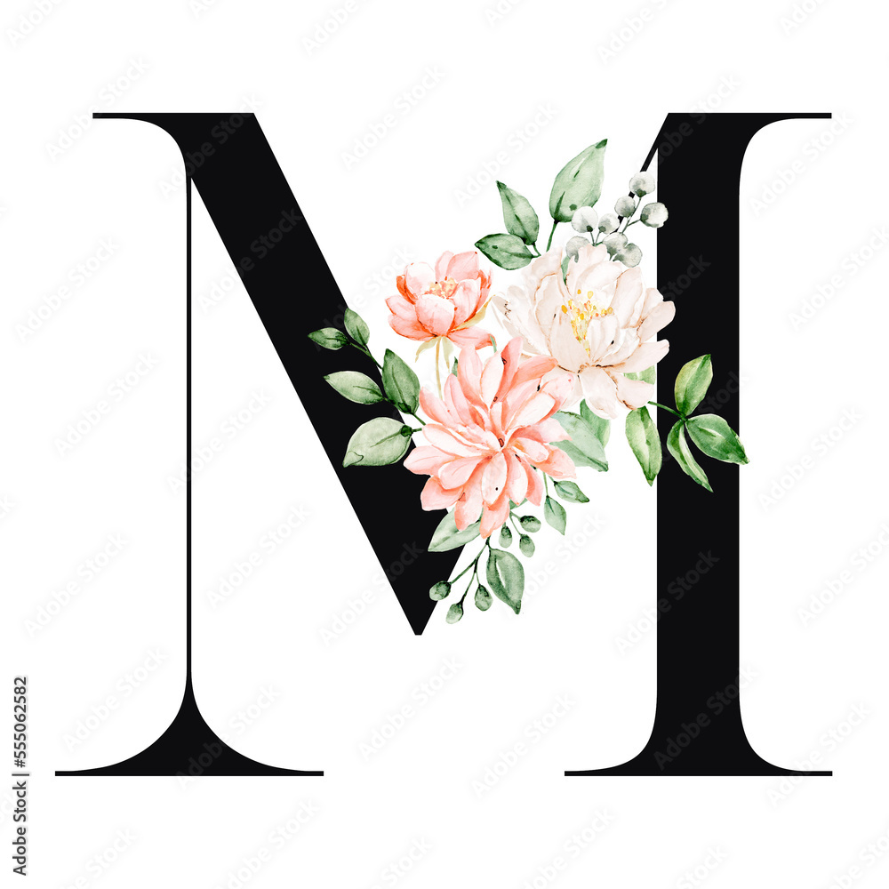 Alphabet, letter M with watercolor flowers and leaf. Monogram initials ...