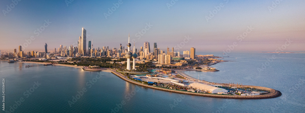 Kuwait City Sunset Sunrise with 3 Tower and Panorama view, Droneshot ...