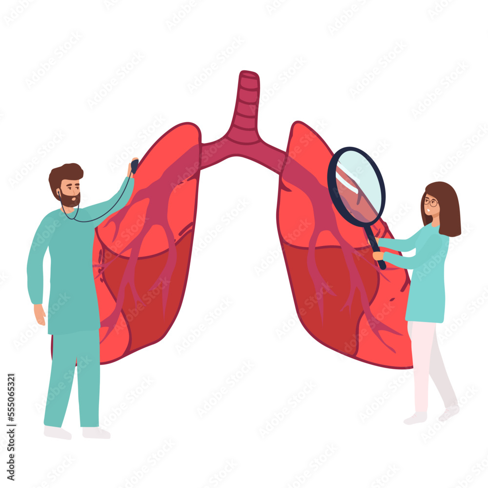 Pulmonology vector illustration. Flat tiny lungs healthcare persons ...