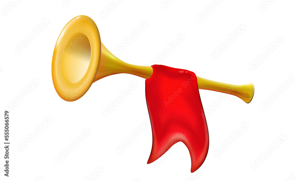 3d Fanfare gold trumpet. Realistic icon with red flag isolated glossy ...