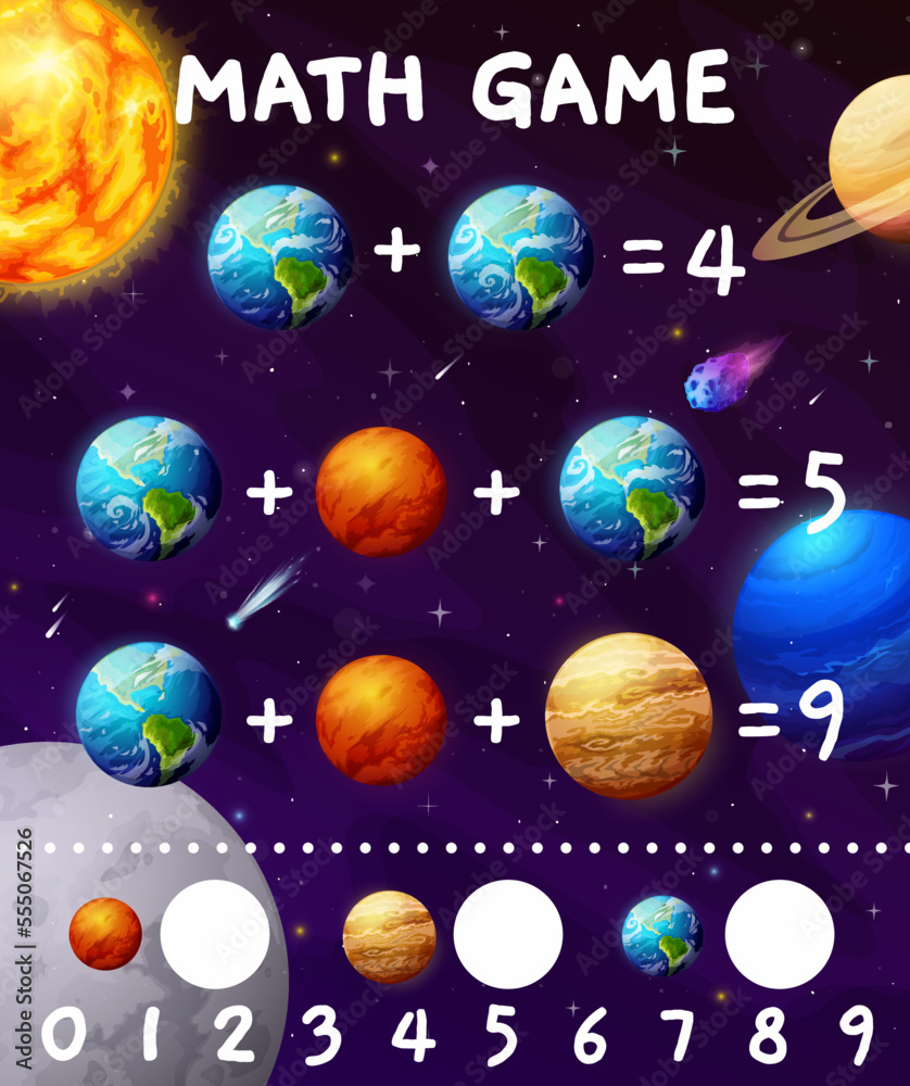 Math game. Cartoon space planets and stars. Children math game ...