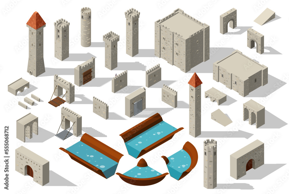 Isometric castle tower with wall bridge and moat, vector fortress ...