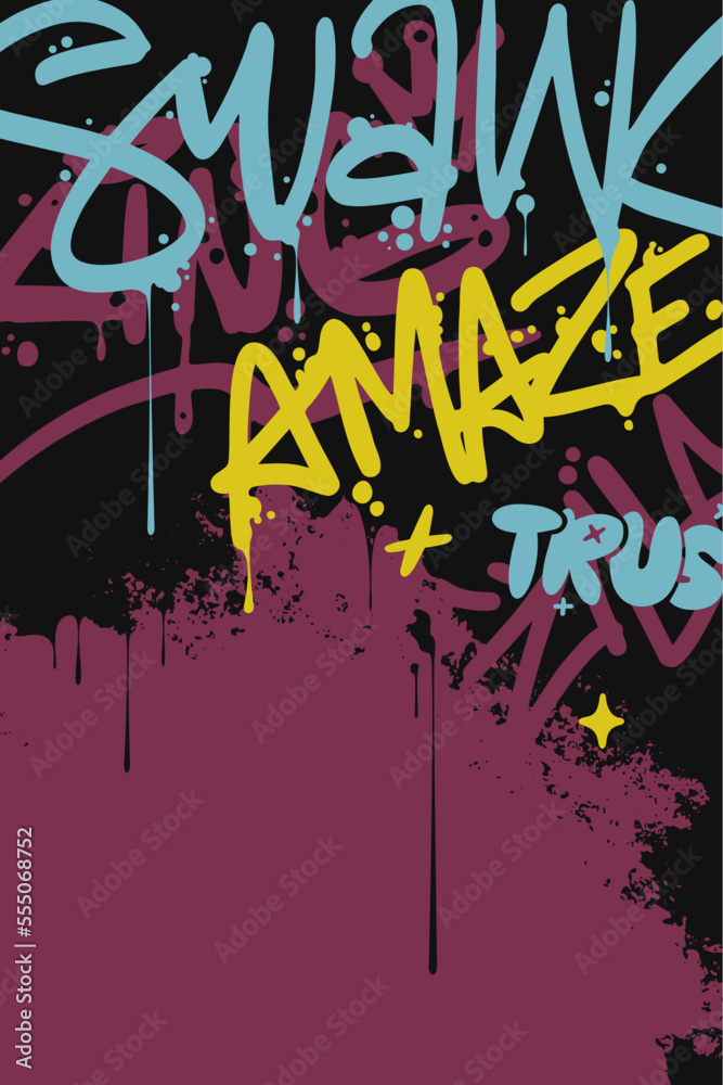 Graffiti poster with colorful tags. Street art cover in hand drawn ...