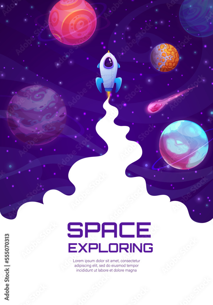 Landing page space, cartoon space rocket launch. Vector poster galaxy ...