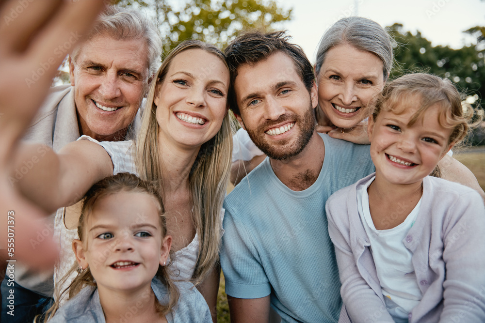 Big family, portrait smile and selfie for happy quality bonding ...