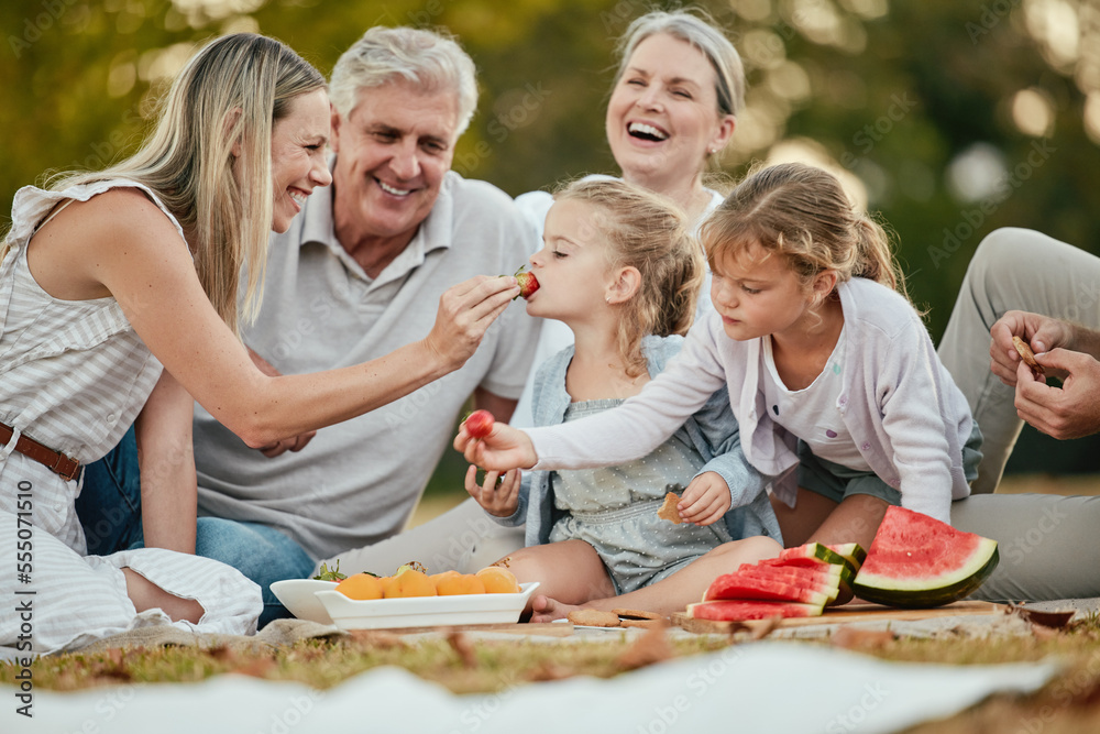Summer, park and family on picnic with fruit enjoying summer holiday ...