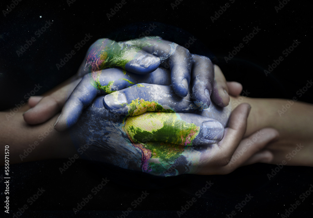 Earth overlay, holding hands and sustainability support of people with ...